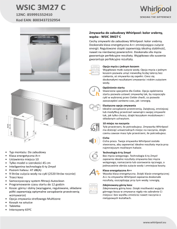 Whirlpool WSIC 3M27 C Dishwasher Product Data Sheet | Manualzz