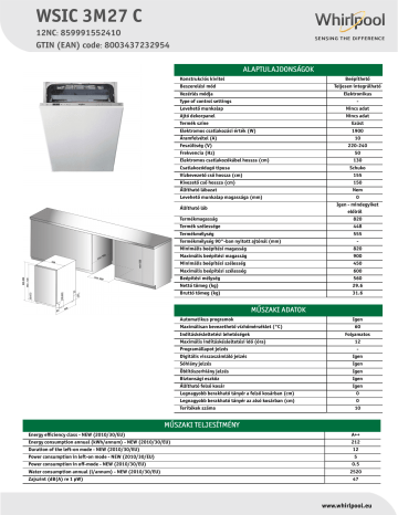 Whirlpool WSIC 3M27 C Dishwasher Product Data Sheet | Manualzz