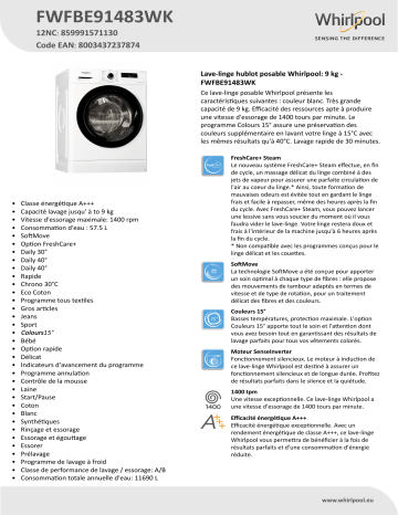 Whirlpool FWFBE91483WK Washing machine Product Data Sheet | Manualzz