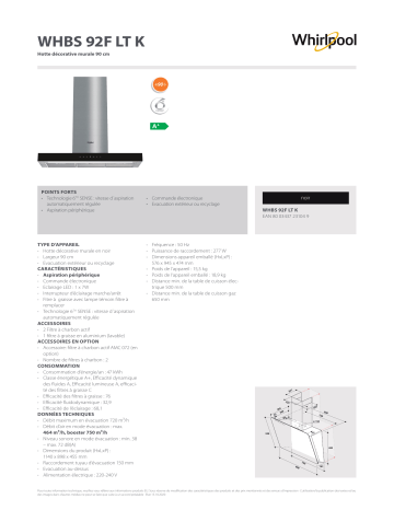 Whirlpool WHBS 92F LT K Hood Product Data Sheet | Manualzz