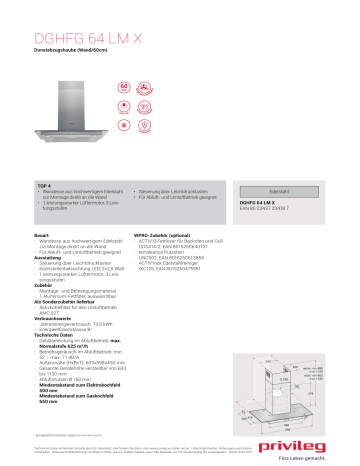 Privileg DGHFG 64 LM X Hood Product Data Sheet | Manualzz