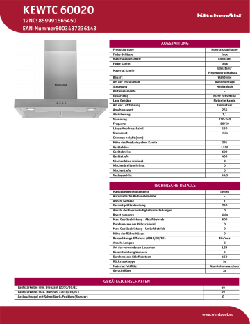 KitchenAid KEWTC 60020 Hood Product Data Sheet | Manualzz