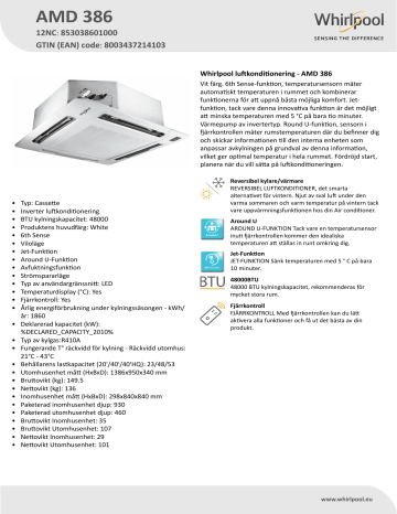 Whirlpool AMD 386 Air Conditioner Product Data Sheet | Manualzz