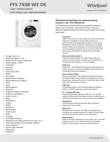 Whirlpool FFS 7438 WE DE Washing machine Product Data Sheet | Manualzz