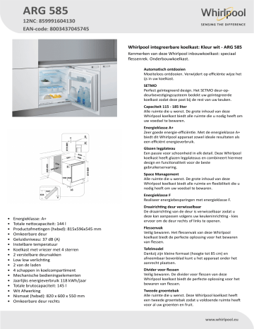 Whirlpool ARG 585 Refrigerator Product Data Sheet | Manualzz