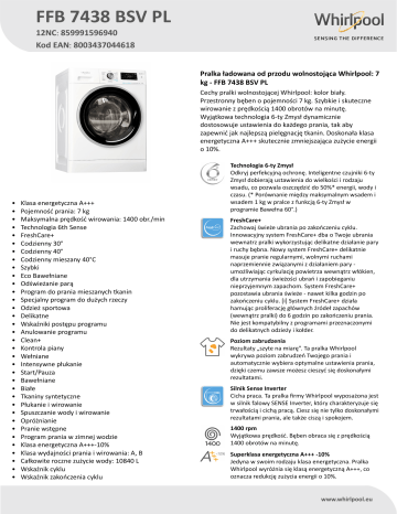 Whirlpool FFB 7438 BSV PL Washing machine Product Data Sheet | Manualzz