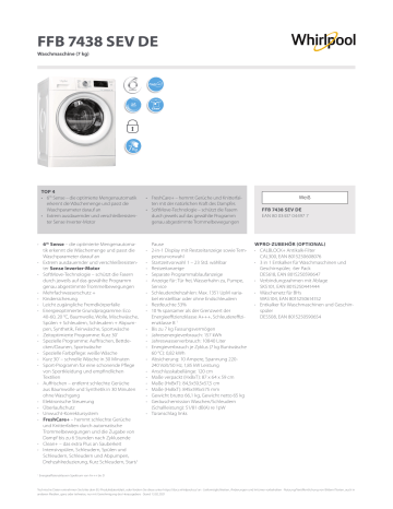 Whirlpool FFB 7438 SEV DE Washing machine Product Data Sheet | Manualzz