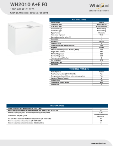 Whirlpool WH2010 A+E FO Freezer NEL Data Sheet | Manualzz