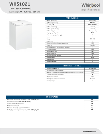Whirlpool WHS1021 Freezer Product Data Sheet | Manualzz