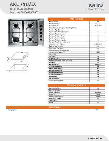 Ignis AKL 710/IX Hob Product Data Sheet | Manualzz
