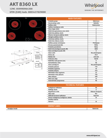 Whirlpool AKT 8360 LX Hob Product Data Sheet | Manualzz