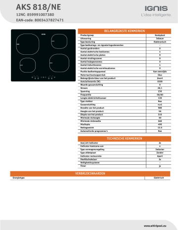 Ignis AKS 818/NE Hob Product Data Sheet | Manualzz