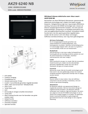 Whirlpool AKZ9 6240 NB Oven Product Data Sheet | Manualzz