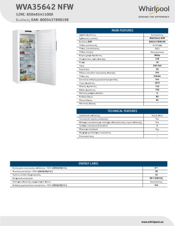 Whirlpool WVA35642 NFW Freezer Product Data Sheet | Manualzz