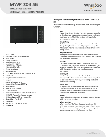Whirlpool MWP 203 SB Microwave Product Data Sheet | Manualzz