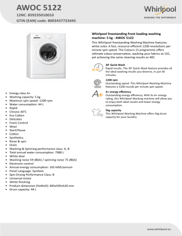 Whirlpool AWOC 5122 Washing machine Product Data Sheet | Manualzz