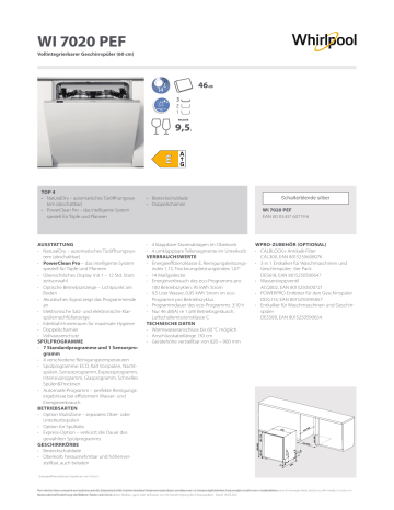 Whirlpool WI 7020 PEF Dishwasher NEL Data Sheet | Manualzz