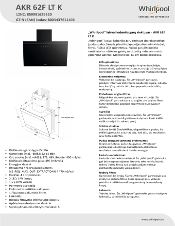 Whirlpool AKR 62F LT K Hood Product Data Sheet | Manualzz