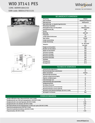 Whirlpool WIO 3T141 PES Dishwasher NEL Data Sheet | Manualzz
