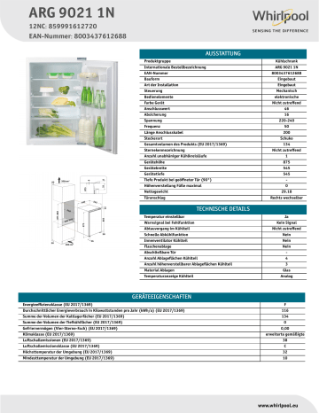Whirlpool ARG 9021 1N Refrigerator NEL Data Sheet | Manualzz