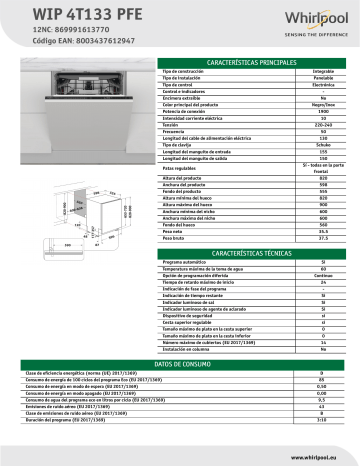Whirlpool WIP 4T133 PFE Dishwasher NEL Data Sheet | Manualzz