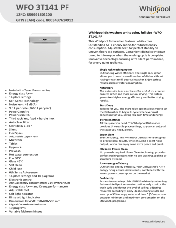 Whirlpool WFO 3T141 PF Dishwasher Product Data Sheet | Manualzz