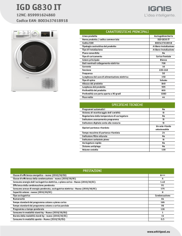 Ignis IGD G830 IT Dryer Product Data Sheet | Manualzz