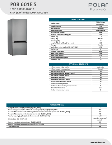 Polar POB 601E S Fridge/freezer combination NEL Data Sheet | Manualzz