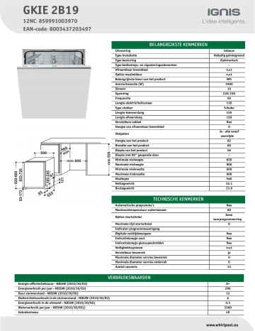 Ignis GKIE 2B19 Dishwasher Product Data Sheet | Manualzz