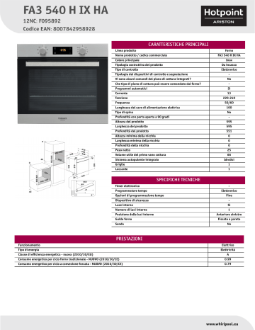 HOTPOINT/ARISTON FA3 540 H IX HA Oven Product Data Sheet | Manualzz