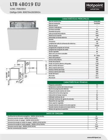 HOTPOINT/ARISTON LTB 4B019 EU Dishwasher Product Data Sheet | Manualzz
