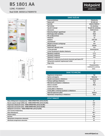 HOTPOINT/ARISTON BS 1801 AA Refrigerator Product Data Sheet | Manualzz