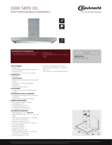Bauknecht DBR 5890 IXL Hood Product Data Sheet | Manualzz