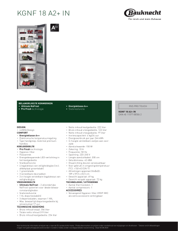 Bauknecht KGNF 18 A2+ IN Fridge/freezer combination Product Data Sheet ...