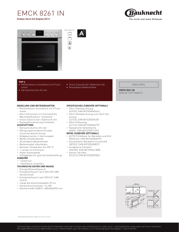Bauknecht EMCK 8261 IN Oven Product Data Sheet | Manualzz
