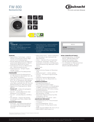 Bauknecht FW 800 Washing machine NEL Data Sheet | Manualzz