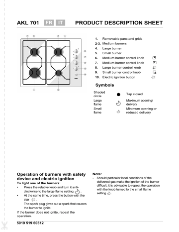 Ignis AKL 701/IX Hob Program Chart | Manualzz