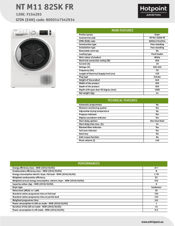 HOTPOINT/ARISTON NT M11 82SK FR Dryer Product Data Sheet | Manualzz