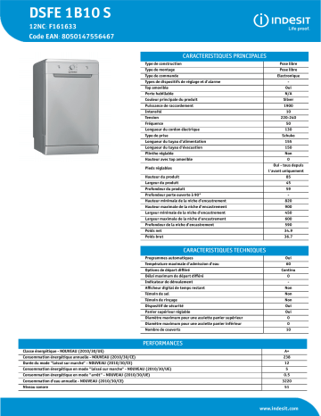 Indesit DSFE 1B10 S Dishwasher Product Data Sheet | Manualzz