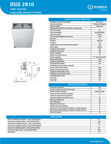 Indesit DSIE 2B10 Dishwasher Product Data Sheet | Manualzz