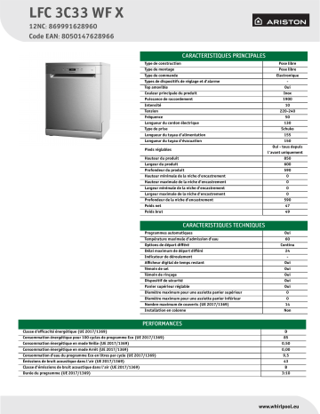 Ariston LFC 3C33 WF X Dishwasher NEL Data Sheet | Manualzz