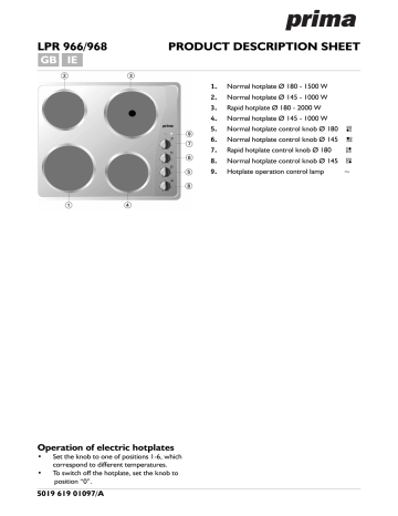Prima LPR 968 Hob Program Chart | Manualzz