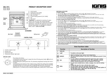 Ignis AKL 874 WH Oven Program Chart | Manualzz