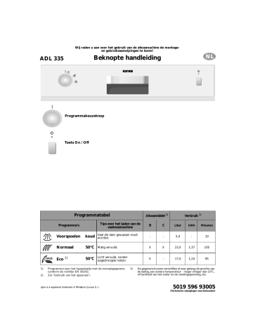Ignis ADL 335 AV Dishwasher Programmakaart | Manualzz