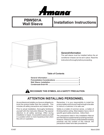 Amana PBWS01A Installation Instructions | Manualzz