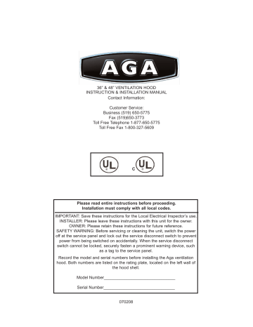 AGA VENTILATION HOOD Instruction & Installation Manual | Manualzz