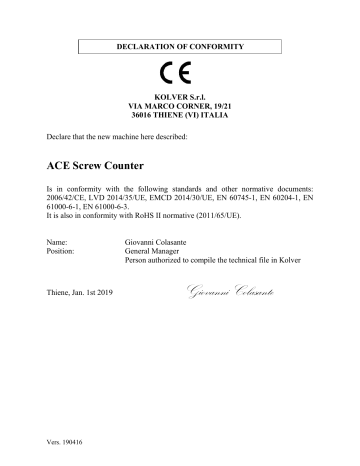 Kolver ACE Screw Counter Operator's Handbook Manual | Manualzz