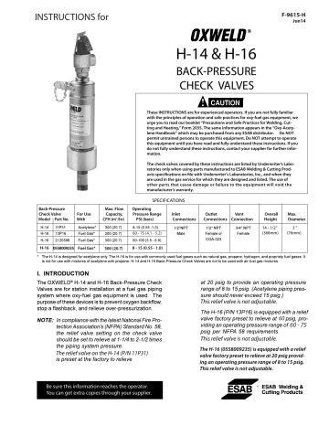 ESAB OXWELD® H-14 & H-16 Back-Pressure Check Valves Troubleshooting ...