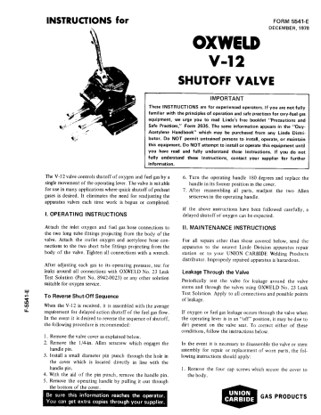 ESAB Oxweld V-12 Shutoff Valve Troubleshooting instruction | Manualzz