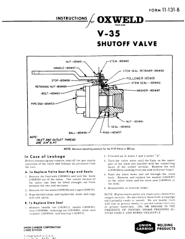 ESAB OXWELD™ V-35 Shutoff Valve Troubleshooting instruction | Manualzz